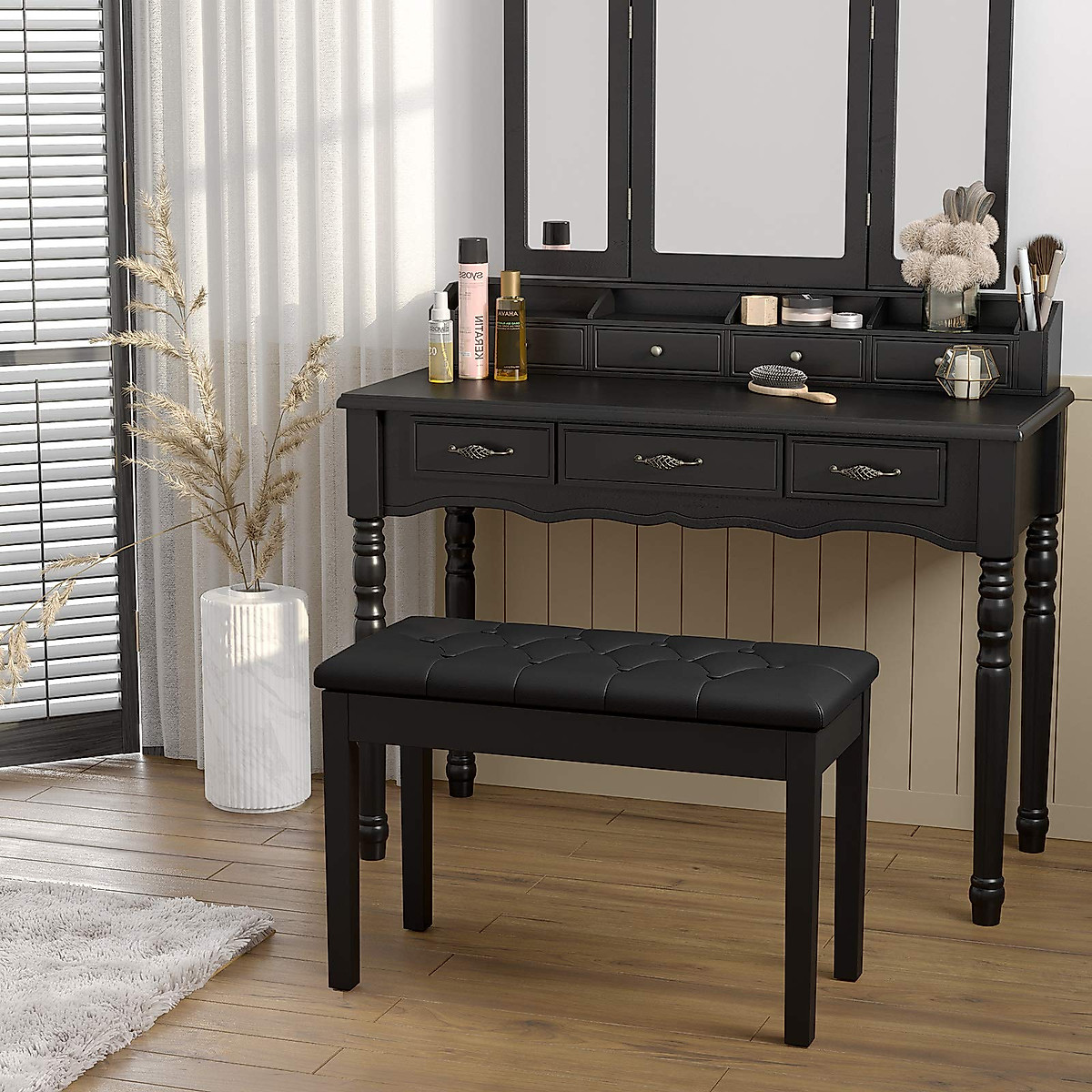 SONGMICS Duet Piano Bench with Padded Cushion and Storage Compartment for Music Books, Tufted Wooden Seat, Black ULPB074B01