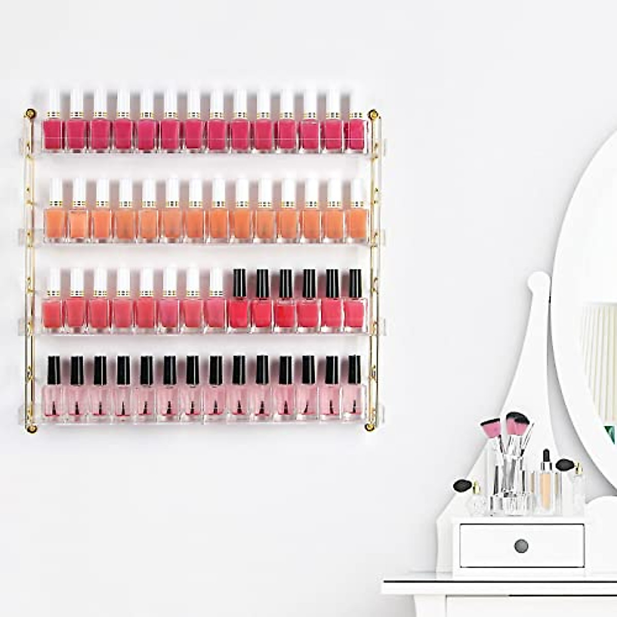 J JACKCUBE DESIGN 4 Tier Gold Nail Polish Organizer Ledge Shelf Rack, Wall Mounted Floating Storage Display Shelves for 56 Bottles Organizer Nail Polish Makeup Essential Oil Stand- MK488B