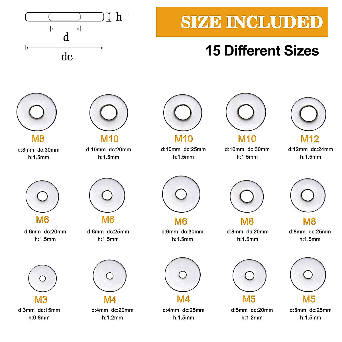 VIGRUE 304 Stainless Steel Flat Washers Set Washers Hardware Assortment 225 Pieces -15 Sizes M3 M4 M5 M6 M8 M10 M12