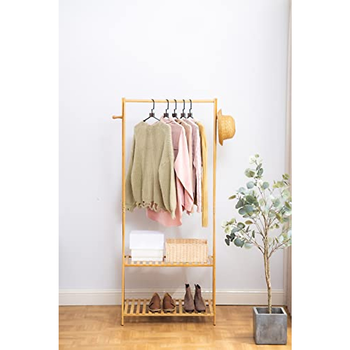 GLISOO Bamboo Garment Rack, 2-Tier,100% Bamboo Garment Rack with Top Hanging Rod and Bottom Storage Shelves, Indoor Plant Stand, Freestanding Clothes Hanging Rack, (Natural)