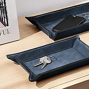 Navaris Faux Leather Tray Set - 2 Valet Organizer Trays for Bedside Table, Night Stand, Desk - Store Keys, Change, Wallet, Phone, Glasses - Navy Blue