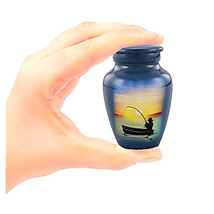 Immortal Memories Fishing Keepsake Urn - Keeksake Cremation for Ashes Token Hand Painted Mini Memorial Sharing with Velvet Case & Bag (Keepsake), Sky Blue