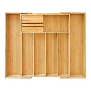 ZROOY Expandable Bamboo Silverware Organizer Drawer for Utensils Holder, 8 Compartments for Drawer Tray with Grooved Drawer Dividers,Removable Knife Block(Natural)