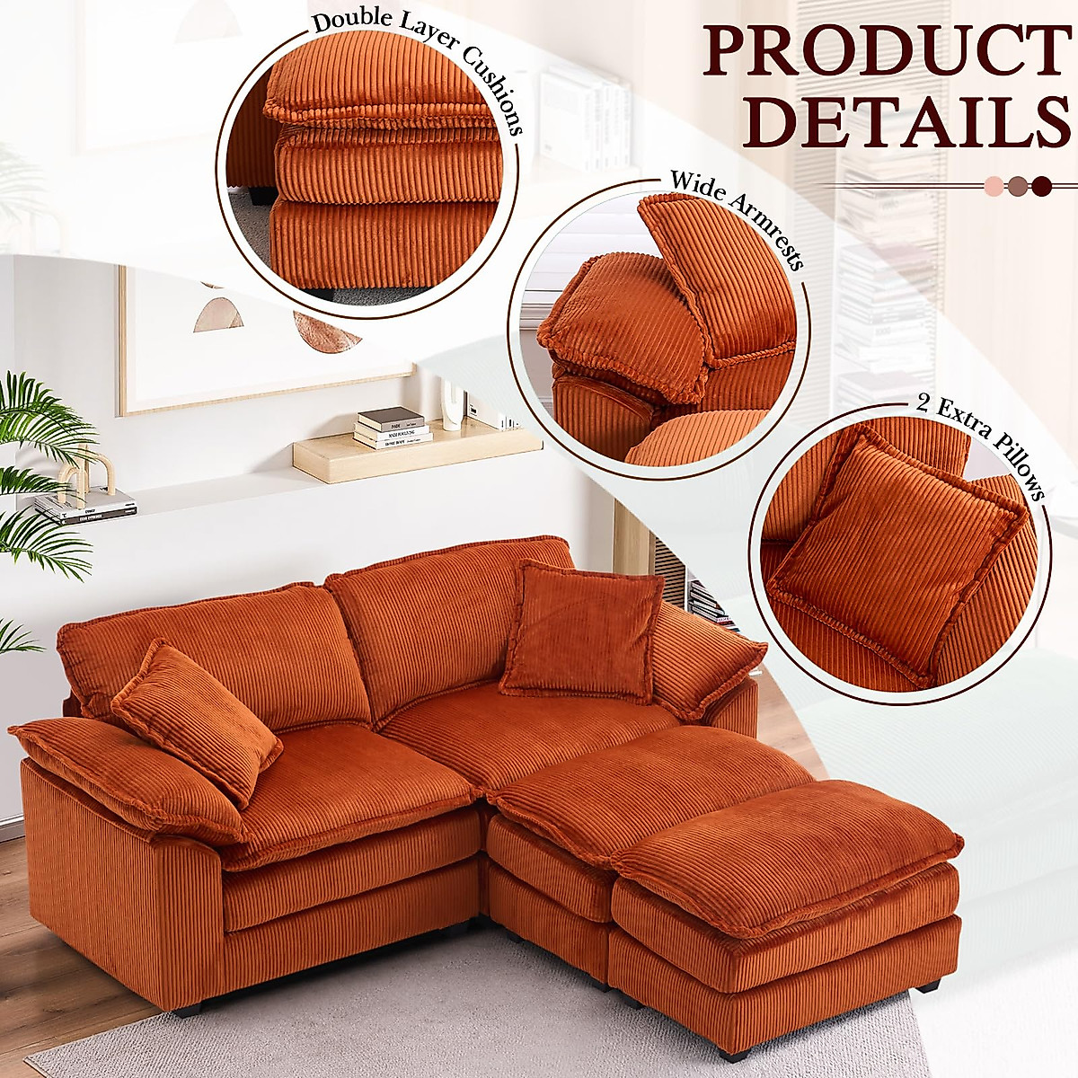 Oversized Chaise Lounge Chair Indoor with Ottoman,84.6"W Corduroy Upholstered Modern Loveseat Sofa,Deep Seat L Shaped Sectional Couch,Comfy Reclining Sleeper Chair for Living Room(2 Seater,Orange)