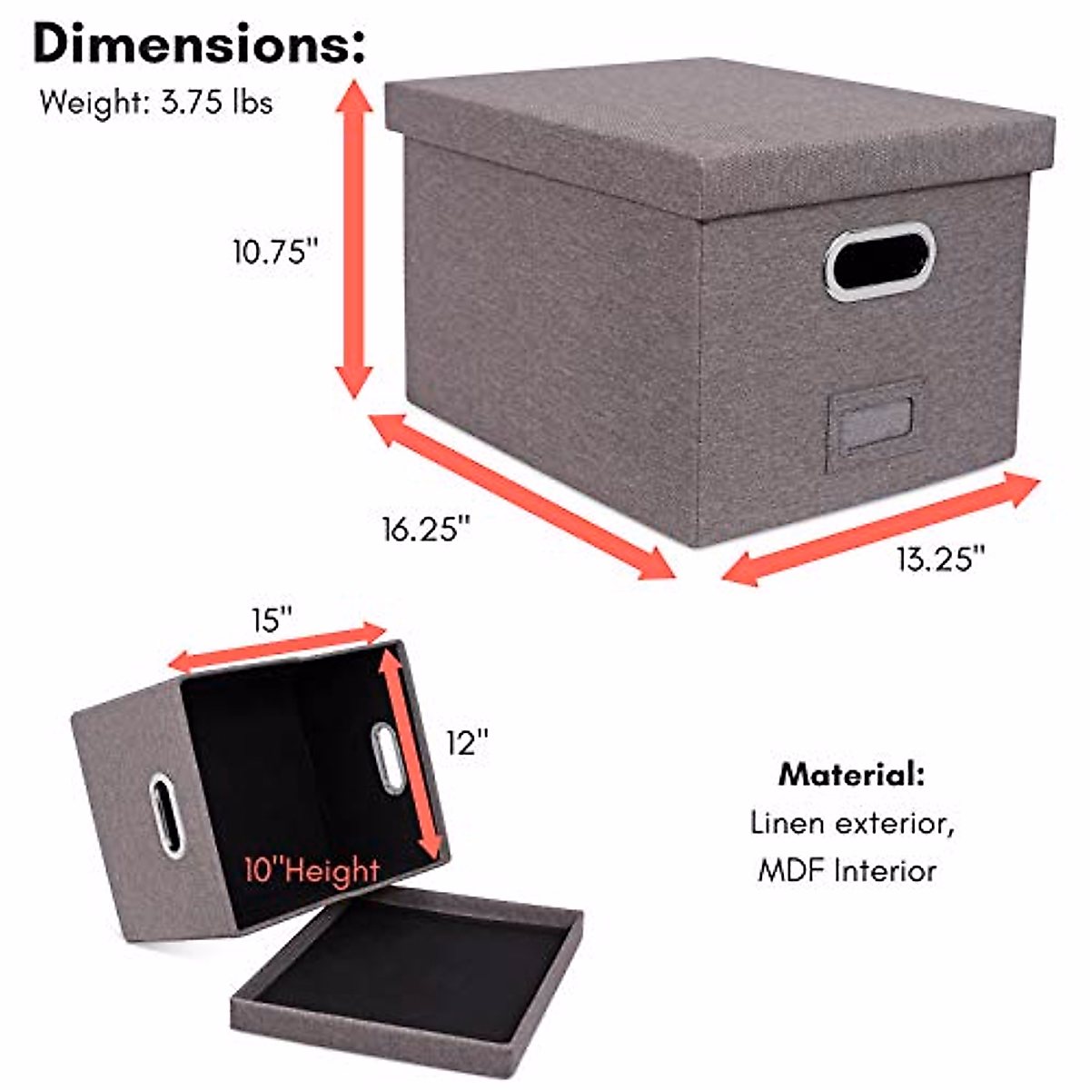 Internet's Best Collapsible File Box Storage Organizer with Lid - Decorative Linen Filing & Storage Office Boxes – Hanging Letter/Legal Folder – Home Office Bins Cabinet – Grey Container - 1 Pack