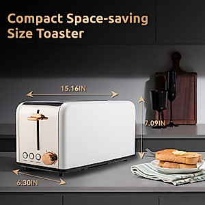 Pukomc Toaster 4 Slice with Wide Slots, 2 Long Slot Toaster for Bagels Waffles and Toast, 6 Browning Levels, Stainless Steel, Removable Tray, Cancel/Bagel/Defrost Functions, WT-8500 White (1500W)