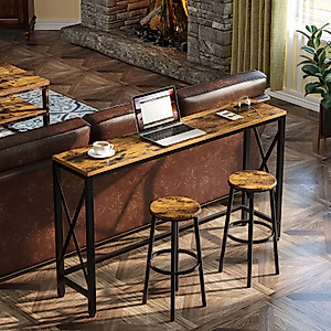 Rolanstar Console Table with Power Outlet, Narrow Sofa Table, 55.1" x 11.8" Farmhouse Table Behind Sofa Couch Hallway Entrance for Living Room, Entryway, Foyer, with Metal Frame, Rustic Brown