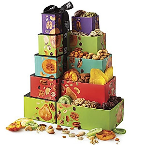Dried Fruits & Nuts Tower with Black Ribbon Gift Basket, 5 Tier Gourmet Arrangement Platter, Healthy Kosher Snack Box for Birthday, Anniversary, Care Package for Men, Women, Adults - Oh! Nuts