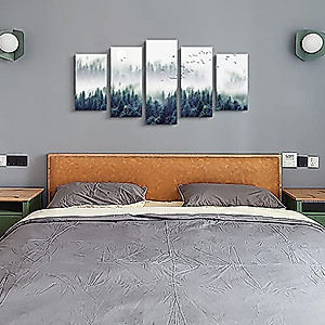 Canvas Wall Art For Living Room Wall Decorations For Bedroom Modern Office Wall Decor Foggy Forest Trees Landscape Painting Stretched And Framed Ready To Pictures Home Decor 5 Piece Set W40” x H20”