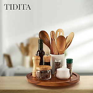 TIDITA 10" Acacia Lazy Susan Organizer for Cabinet - Wooden Lazy Susan Turntable for Table - Wood Kitchen Turntable Storage Food Bin Container for Pantry, Fridge, Countertop