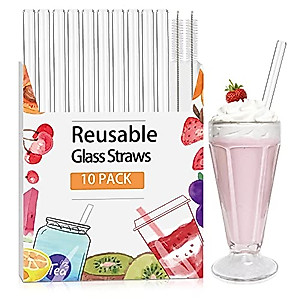 [10 Pcs] Reusable Glass Boba Smoothie Straws - 9" x 14 mm Eco Friendly Clear Drinking Straws with 2 Cleaning Brushes for Bubble Tea,Milkshakes,Juice