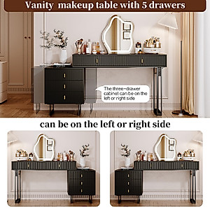 Ieejdn Makeup Vanity Desk with Cloud Lighted Mirror with Power Outlet and LED Strip, 3 Color Lighting Modes with Adjustable Brightness, 5 Large Drawer Vanity Table,for Bedroom, Grey