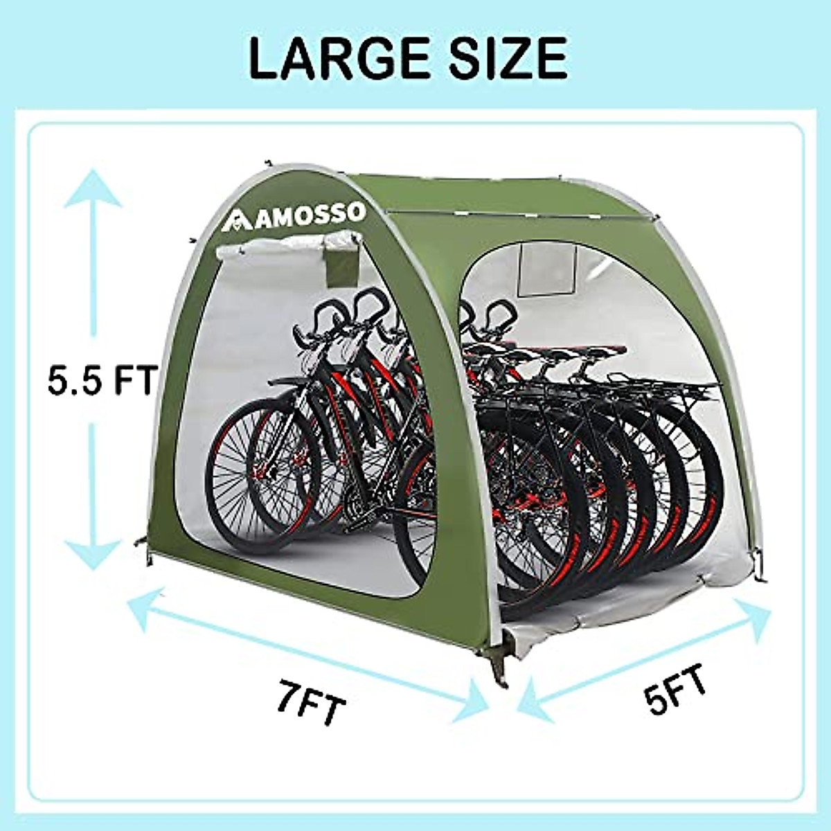 AMOSSO 4 or 5 Bike Shed Tent, Extra Thick 210D Silver Coated Oxford Waterproof & Sunproof, Double Side Opening Portable Storage Sheds Outdoor with Floor for Motorcycle, Bicycle, Garden Tools, Green