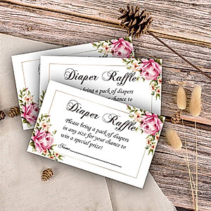 Diaper Raffle Tickets for Baby Shower (50 Count) 3.5" x 2" with Name Line, Pink Flower Design