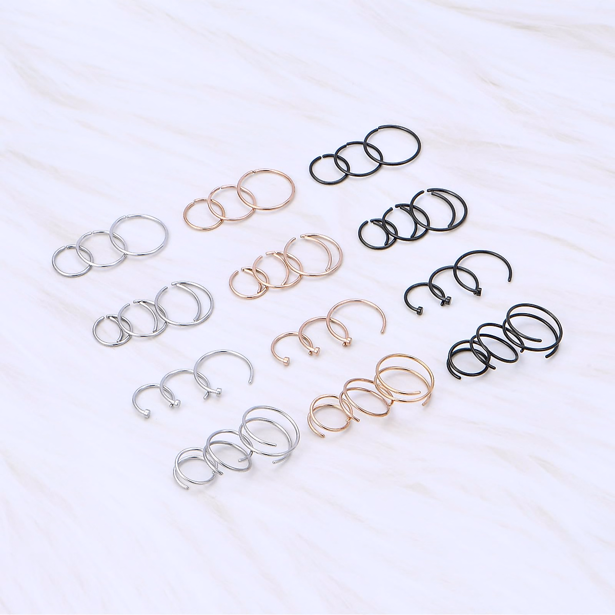 FECTAS Nose Rings Hoop Double Circle Nose Ring Surgical Steel 20g Gauge 8mm 10mm 12mm Nostril Piercing Hoops Jewelry 12PCS