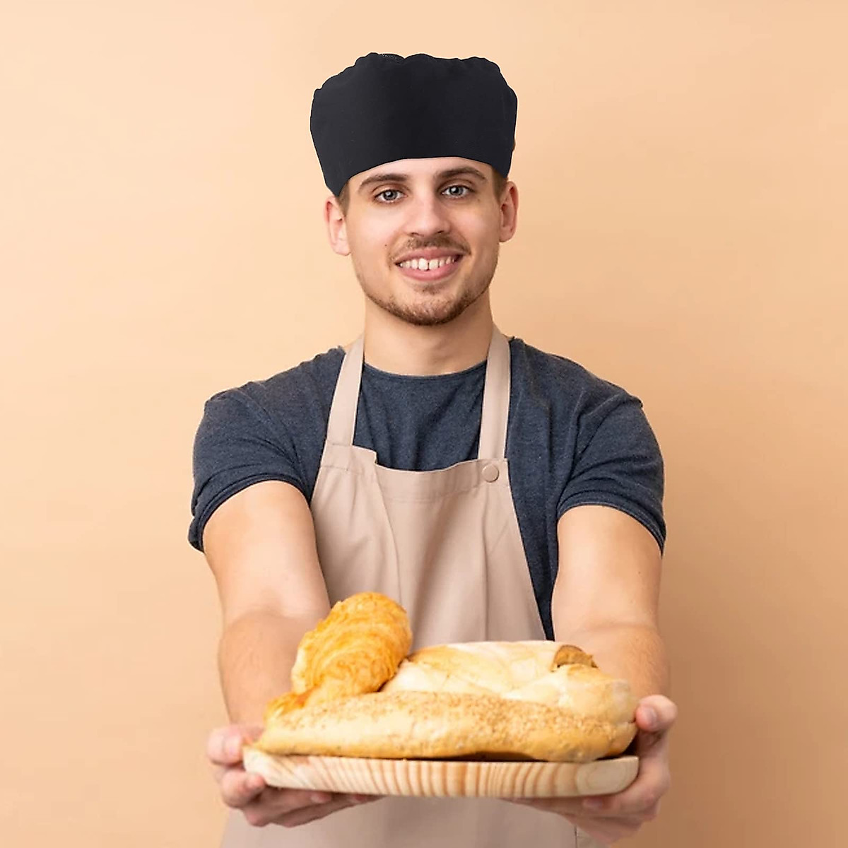 Lusofie 4 Pcs Unisex Chef Hats Adjustable Kitchen Cooking Caps with Elastic One Size Fit Most Black Breathable Mesh Top