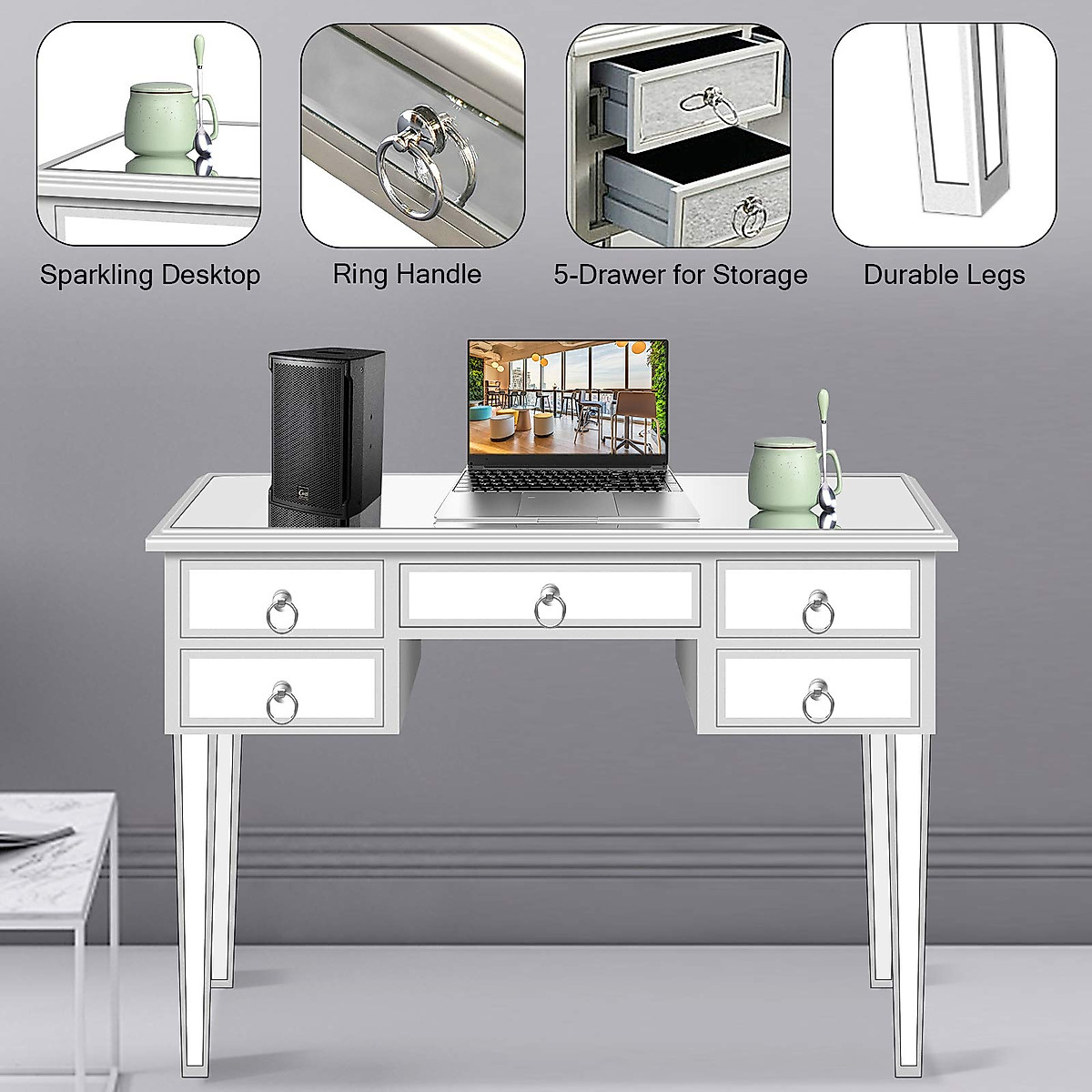 Henf Mirrored Makeup Vanity Table Desk,Mirrored Console Table, 5 Drawers Media Console Table for Women Home Office Writing Desk Smooth Finish