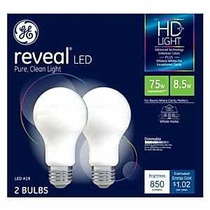 Ge Reveal led HD Light Pure 75w = 10.5w Clean Light Dimmable 2 Bulbs