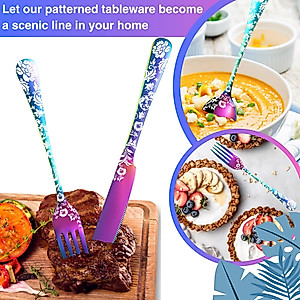 Vilihkc 20 piece Peony Flower Pattern Design Silverware Set, Stainless Steel Flatware Set Service for 4,Colorful Cutlery Set, Mirror Polished Utensil Set for Kitchen, Dishwasher Safe