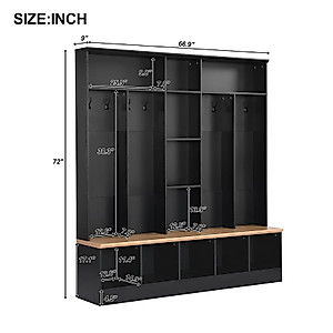 67" W Hall Tree with Shoe Storage Bench, Minimalist Entryway Bench with Coat Rack, Cube Storage and Shelves, Multifunctional Mudroom Bench with Storage and 8 Hooks for Entryway, Hallway (Black)