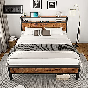 AMERLIFE Queen Size Bed Frame Industrial Platform Bed with Charging Station, 2-Tier Storage Headboard/No Box Spring Needed/Noise-Free/Dark Brown