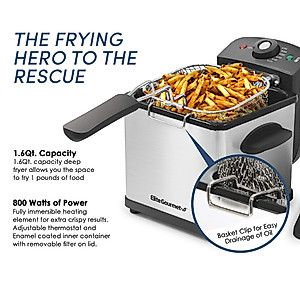 Elite Gourmet EDF-1607 800-Watt Mesh Basket 1.6 Quart / 6.5 Cup Oil Capacity, Electric Immersion Deep Fryer with Temperature Knob and Lid with View Window, stainless steel