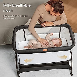 BabyBond Baby Bassinet, 3 in 1 Bassinet Bedside Sleeper with Soft Mattress and Sheet, 6 Height Adjustable Cosleeper Bedside Crib, 4-Sided Mesh Bedside Bassinet for Baby