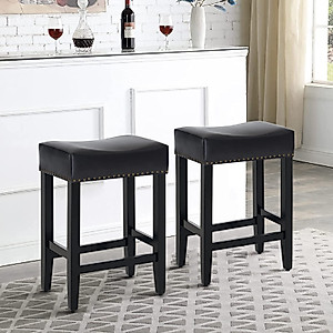 Furnimart 26” Bar Stools Set of 2 Leather Saddle Stool Counter Height Bar stools with Rivet Trim Cushion Seat Wood Counter Stools for Kitchen and Bar (PU-Black)