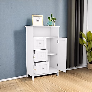 OQSC 39.4 Tall White Bathroom Floor Cabinet Freestanding Storage Cabinet Side Storage Organizer with 3 Drawers&1 Cupboard&1 Shelf for Bathroom Living Room Entryway
