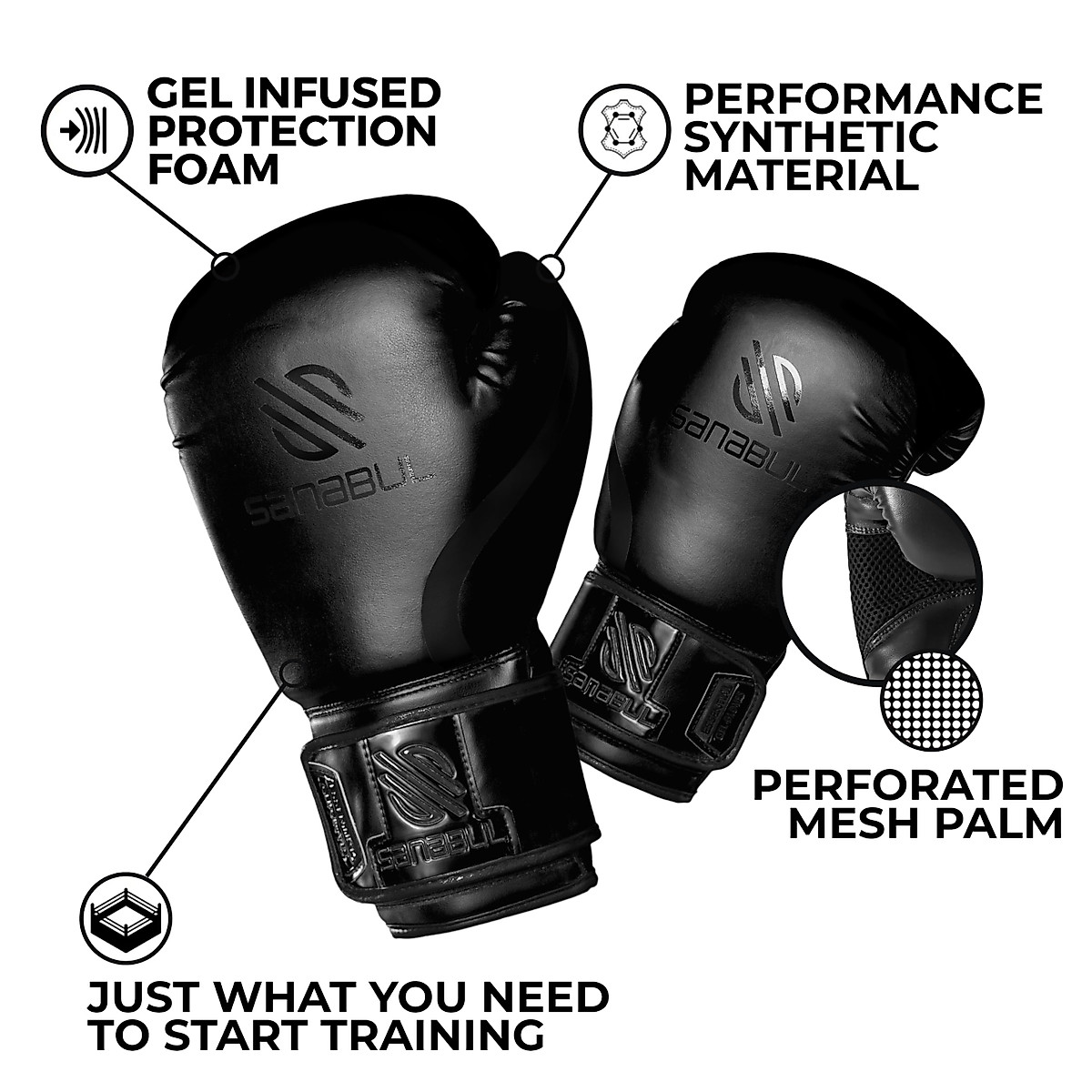 Sanabul Essential Gel Boxing Gloves for Men & Women, Kickboxing MMA, Muay Thai Gloves and Heavy Bag Training Punching & Sparring, AllBlack 10 oz