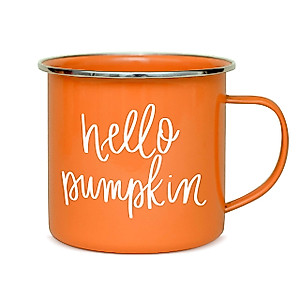 Sweet Water Decor Hello Pumpkin Coffee Mug | 18oz Galvanized Steel Campfire Style Coffee Cup | Fall Mug, Fall Seasonal Decor, Pumpkin Coffee Cup