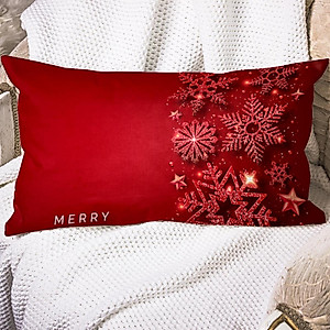 Diusye Christmas Card with Shining Red Snowflakes and Stars Cushion Covers, 1 Pack Throw Pillow Covers Decorative Soft Velvet Pillowcase for Couch Sofa Bed Car Living Room, 16x24 Inch