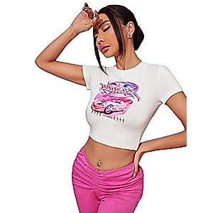 SOLY HUX Women's Y2K Graphic Crop Top Short Sleeve Sexy Cute T-Shirts Tee Crop Top White XS
