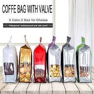 Resealable Bags Mylar eco Food Save Zipper Colored Heavy Duty Baggies Cute |Flat Bottom Stand up Zip Reusable Bag for Tshirts Jerky | Gold Green Coffee Bags Valve Vented(30pcs 6.3 9.5+2.8inch)