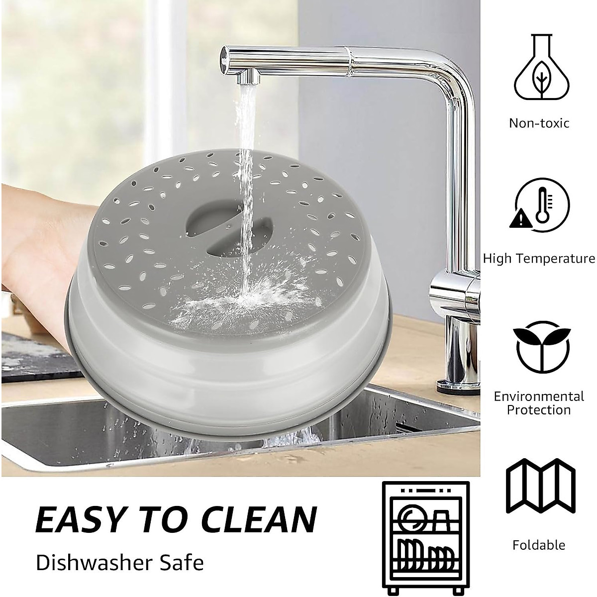 Microwave Splatter Cover Collapsible Microwave Cover for Food, Colander Basket for Fruit and Vegetable, 10.5inch Grey