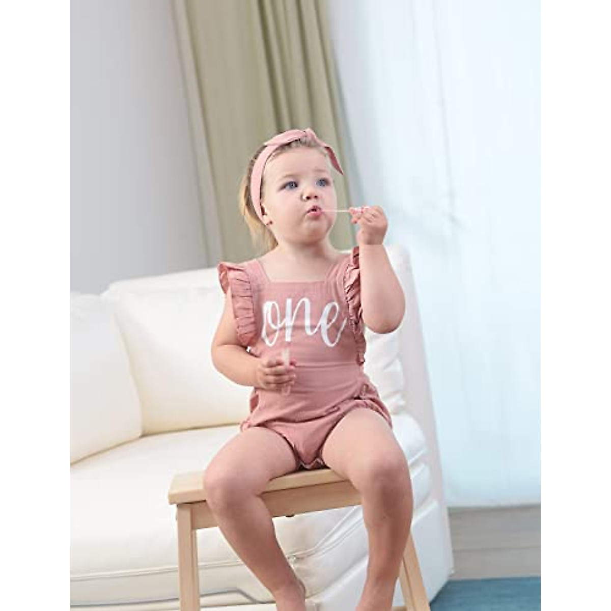 Shalofer Baby Girls One Year Old Outfits First Birthday Romper Cute Backless Ruffles Jumpsuit with Headband (Pink,12-18 Months)