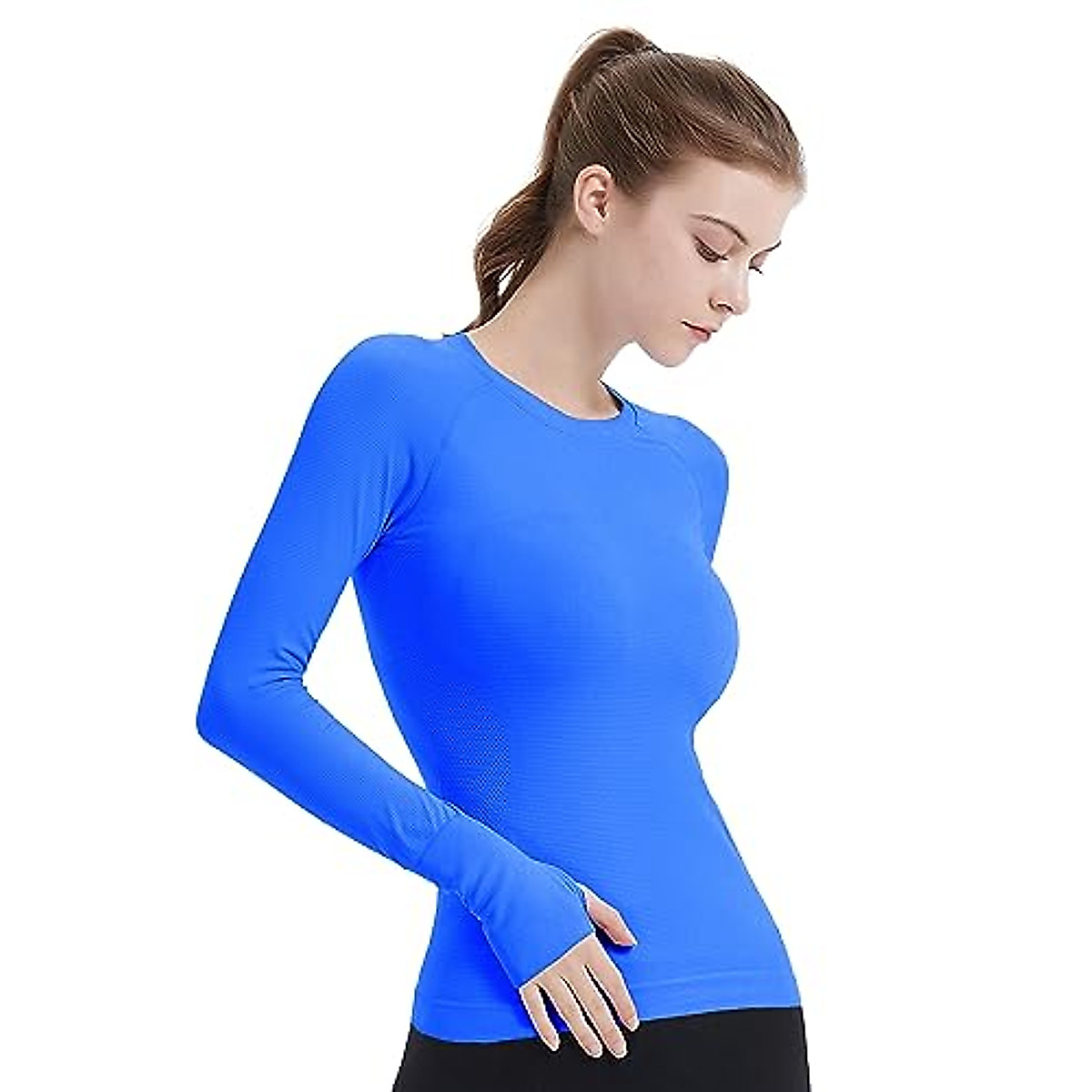 MathCat Workout Shirts for Women,Long Sleeve Athletic Shirt Women Seamless Workout Tops for Women, Yoga Compression Shirt Lakeblue