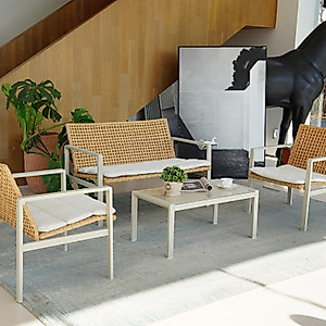 Grand patio Outdoor Furniture Set, 4-Piece Wicker Patio Furniture Set with Beige Cushions, Modern Metal Conversation Loveseat Chairs with Glass Top Coffee Table for Porch Deck Backyard Balcony