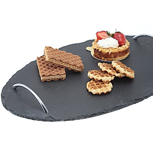 Creative Home Natural Slate Stone Oval Serving Tray with Zinc Alloy Handles One pc Chalk for Serving Cheese Cake Sushi Appetizers Meats Charcuterie Serving Platter, Rough Edge, 9.9" L x 15.8" W