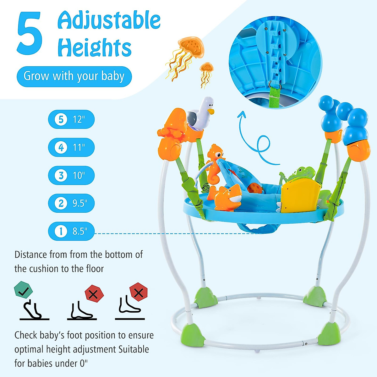 BABY JOY Ocean Discovery Baby Jumpers and Bouncers, Infant Activity Center with Music Lights Sounds, 360° Rotating Seat and 5 Adjustable Heights, Developmental Toys for 6-12 Months