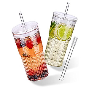 NiHome High Borosilicate Glass Tumbler Cup with Lid and Straw, 22oz Iced Coffee Glass Cups Drinking Glasses Boba Smoothie Tea Cup, Mason Jar Cup Wide Mouth Water Tumbler (2 Pack Glass Straws)
