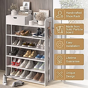 BURENMTO 5-Tier Wooden Storage Organizer, 29.5" Wide Vertical Shoe Rack for Closet Large Entryway Shoe Rack 15 Pairs Corner Tall Organizer Shoe Shelf with Drawer