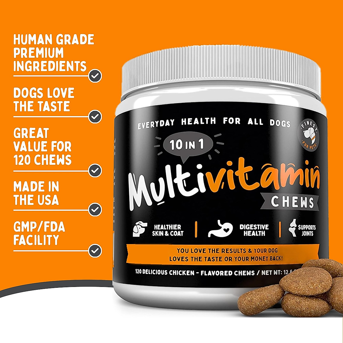Dog Multivitamin Chewable Treats - Pet Vitamins and Supplement, 10-in-1 Multivitamin for Dogs, Supports Joints, Hip, Bowel, Muscle Health, with Glucosamine and Omega Fish Oil (120 Chews)