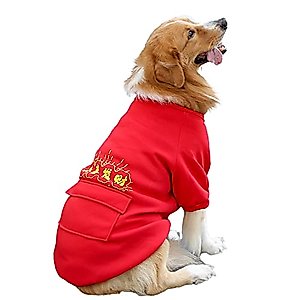 hionre Pet Red Pullover with Printed Chinese Characters Back Pocket Design Keep Warm Two-Legged Pet Dog Cat Sweater New Year Outfit Red 5XL
