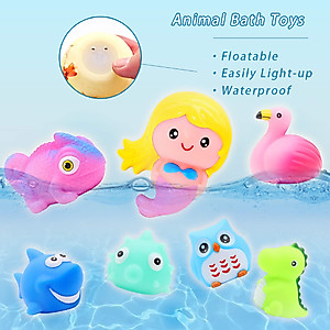 yoliyogo Animal Toy Bath Floating Toy with Auto Flashing Early Learning Toy Package with 8 Pcs Dinosaur Shark Flamingo Mermaid Etc Bathtub Shower Toy Gift for Kids&Pets