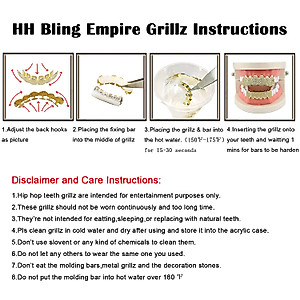 HH BLING EMPIRE Iced Out Diamond Teeth Grillz for Men Women, Hip Hop Silver Gold Grills for Your Teeth Top and Bottom, Rapper Costume Mouth Grillz with Silicone Molding Bars (Silver)