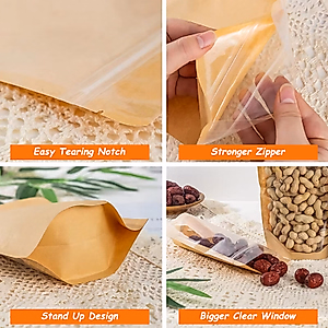 100 PCS Stand Up Pouches, 5.5 x 7.8 inch Kraft Paper Food Bags with Clear Window, Reusable Ziplock Food Storage Bags Resealable Pouches for Foods, Coffee Beans, Snacks