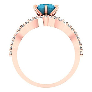 Clara Pucci 1.65ct Round Cut Laser Engraving Halo Split Shank Turquoise Designer Statement Curved Ring Band Set 18K Rose Gold Size 3.5