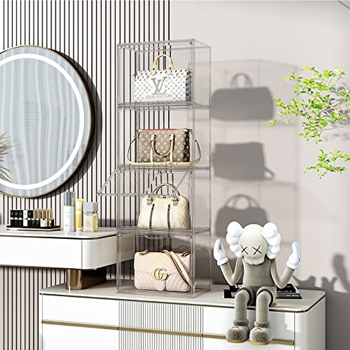 Clear Handbag Storage Organizer, 3 Packs Acrylic Display Case for Purse and Handbag Storage Organizer for Closet, Stackable Purse Display Boxes with Magnetic Door for Collectibles, Wallet, Toys…