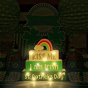 SURCVIO St Patricks Day Decorations Wooden Block Sign with Led Lights Light up Wood Sign Decor for Table Mantle Irish Themed Party Home Farmhouse Desk Decor Home Tabletop Tiered Tray Decor